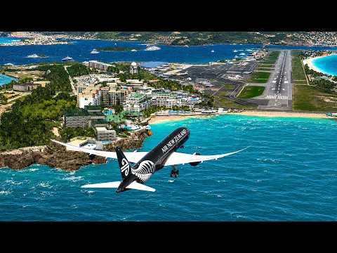 Dangerous Landing 787 in Strong Winds on Short Runway Maho Beach Airport