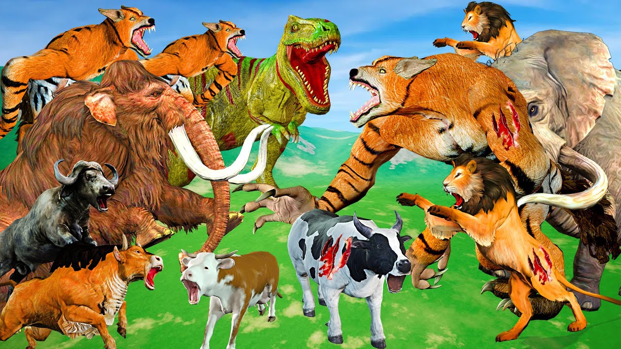 Giant Lion Wolf Attacks Vs Zombie Dinosaur Save Cow Buffalo Woolly ...