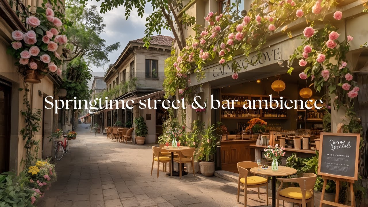 Relaxing springtime street & bar ambience - YouTube