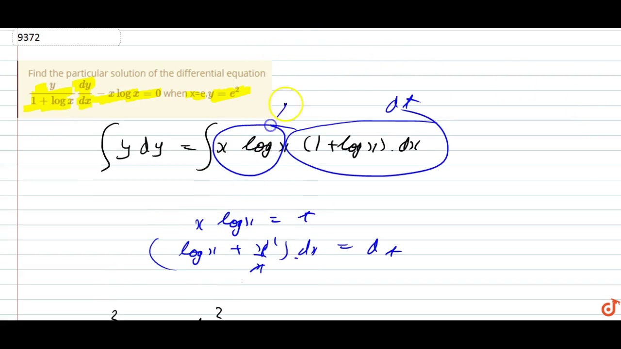 Find the particular solution of the differential equation `y/(1+logx ...