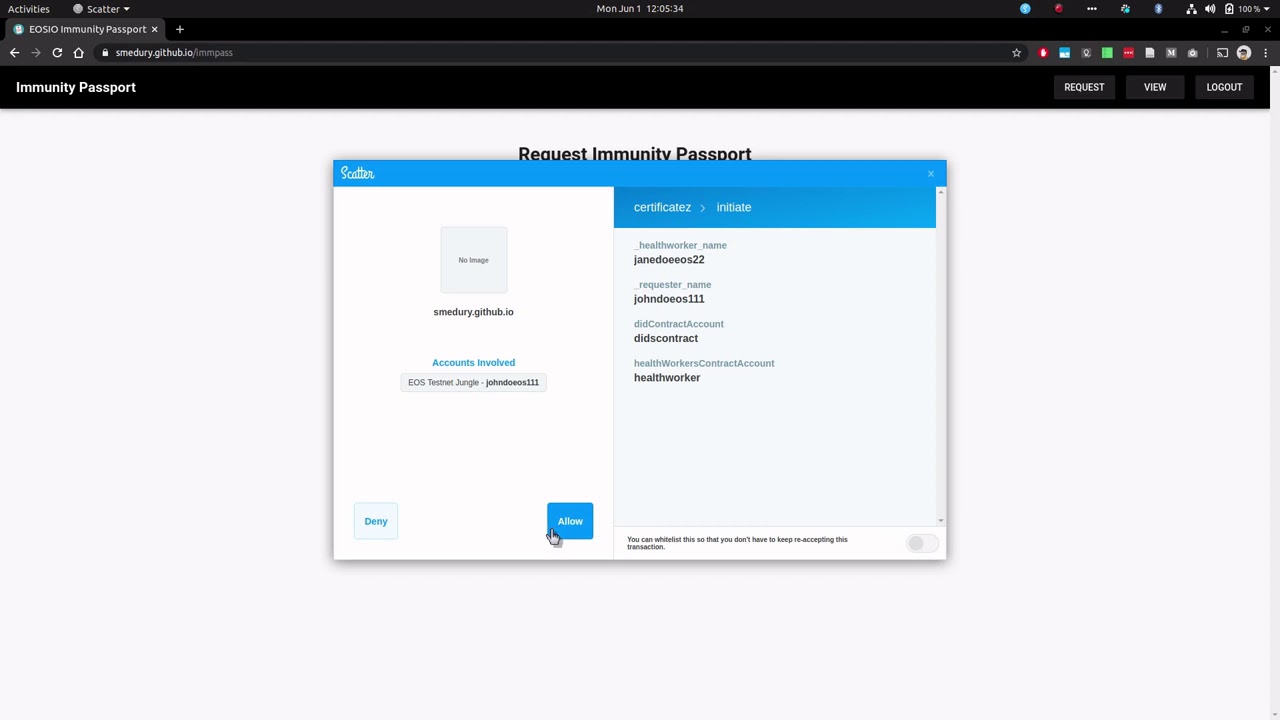 EOSIO DevPost Hackathon submission | Steps to Use Proof-of-Concept Immunity Passport on EOSIO ...