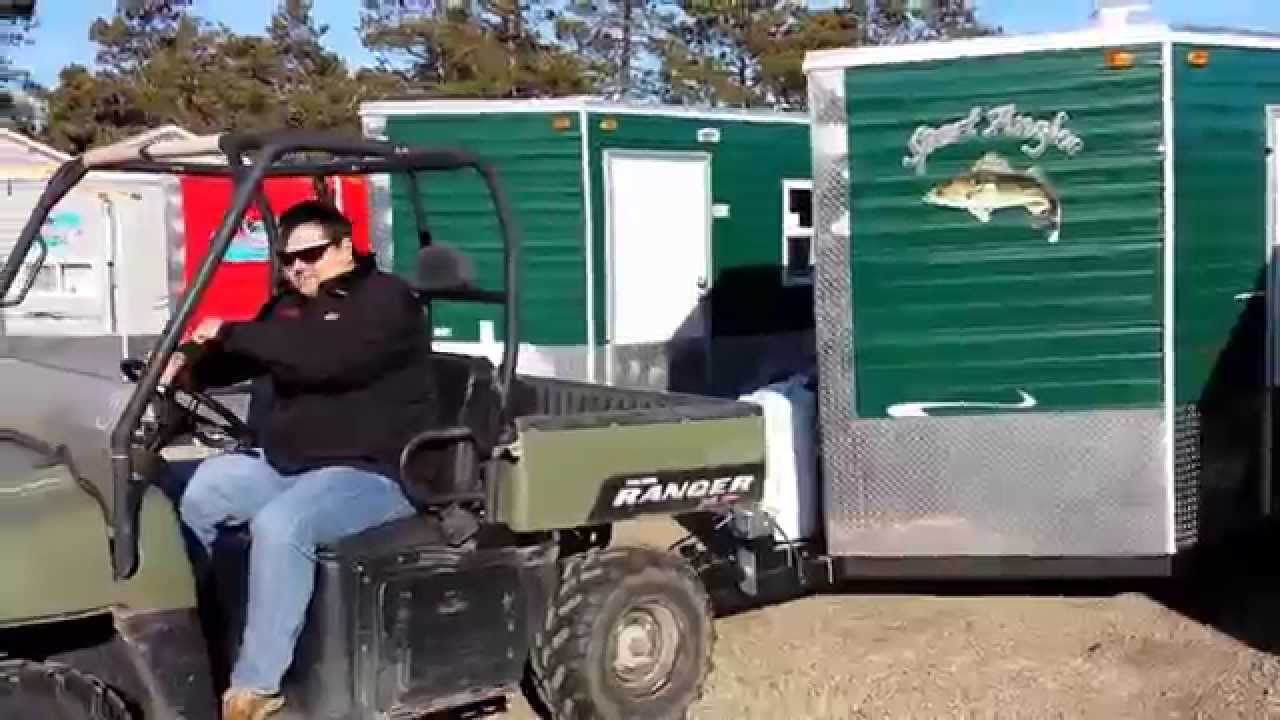 6x14 Ice Castle Sport Angler Fish House Towed by a UTV at Smokey Hills ...