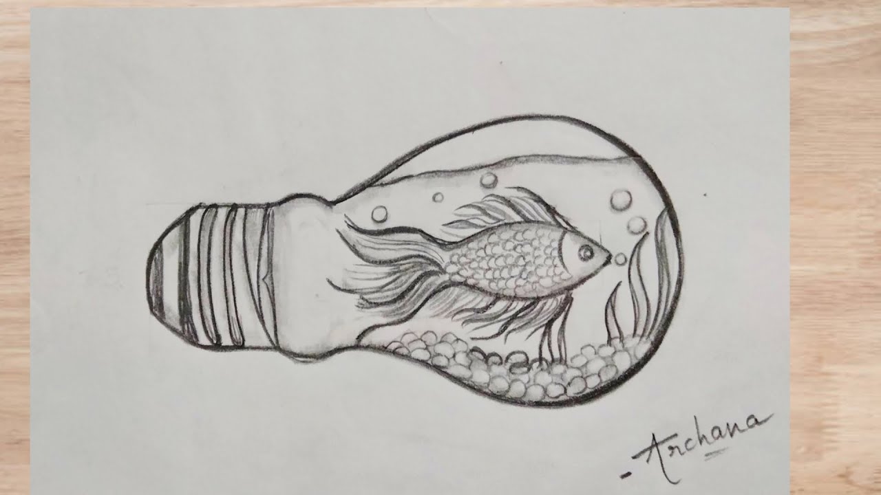 How to draw a Fish inside bulb -Step by step||Pencil Sketch||Bulb ...