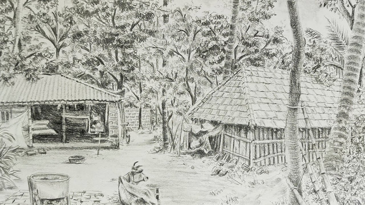 Draw : View of A Indian Village Vastu Bari || Village House Scenery ...