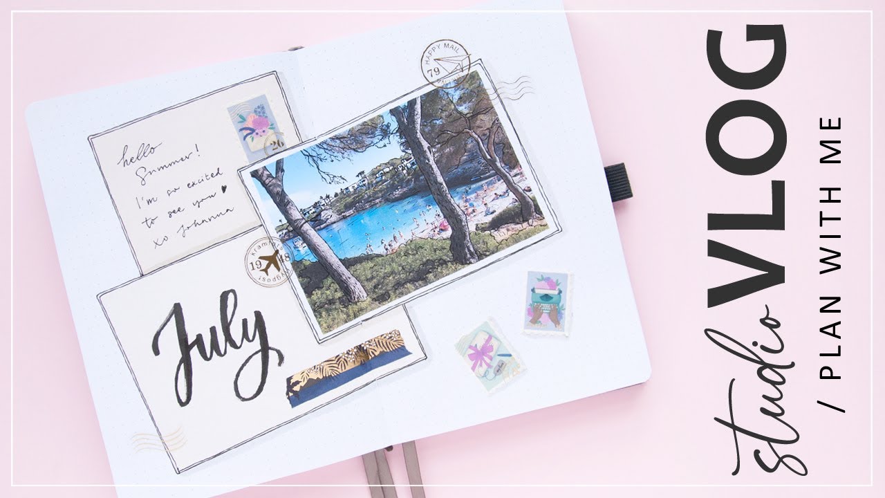 STUDIO VLOG / PLAN WITH ME JULY – POSTCARD THEME 🌴 Bujo spread from ...