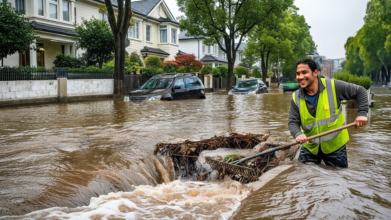 Street Saved From Flood By Strong Water Flow! - YouTube