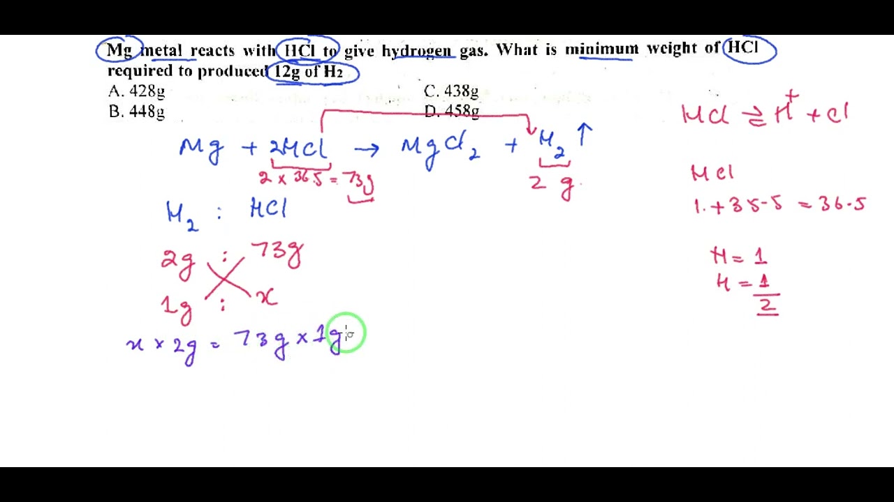 Mg metal reacts with HCl to give hydrogen gas. What is minimum weight ...