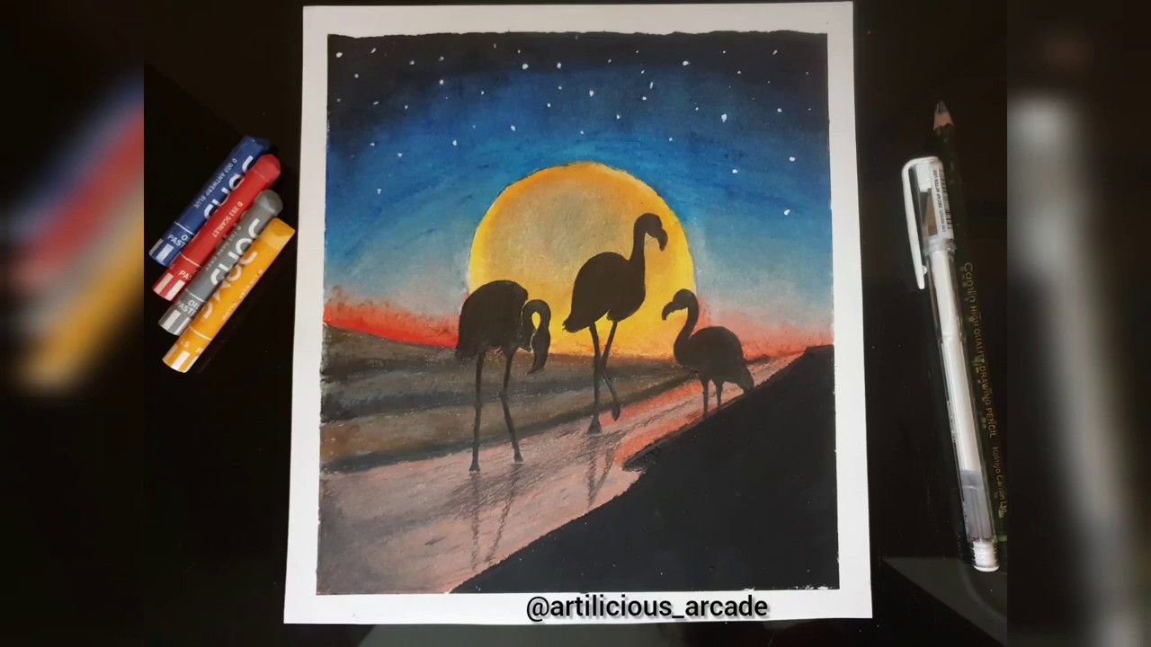 Flamingo enjoying Sunset/ Drawing with Oil Pastels/ Step by Step easy ...