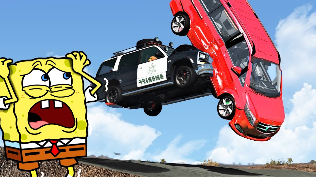 OMG!! Spongebob Reacts Police Chases vs Cars crashes 🚓 BeamNG Drive Car ...