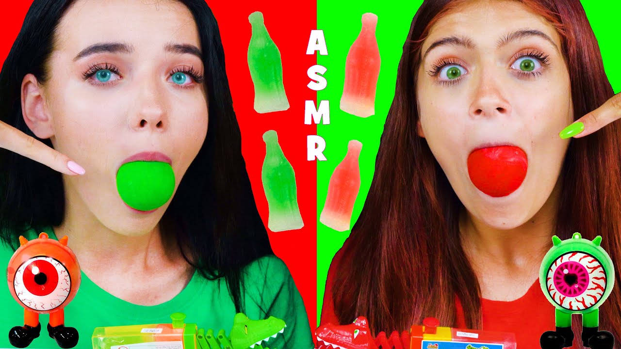 ASMR Red Food VS Green Food (Candy Spray, Wax Bottles Race, Sour ...