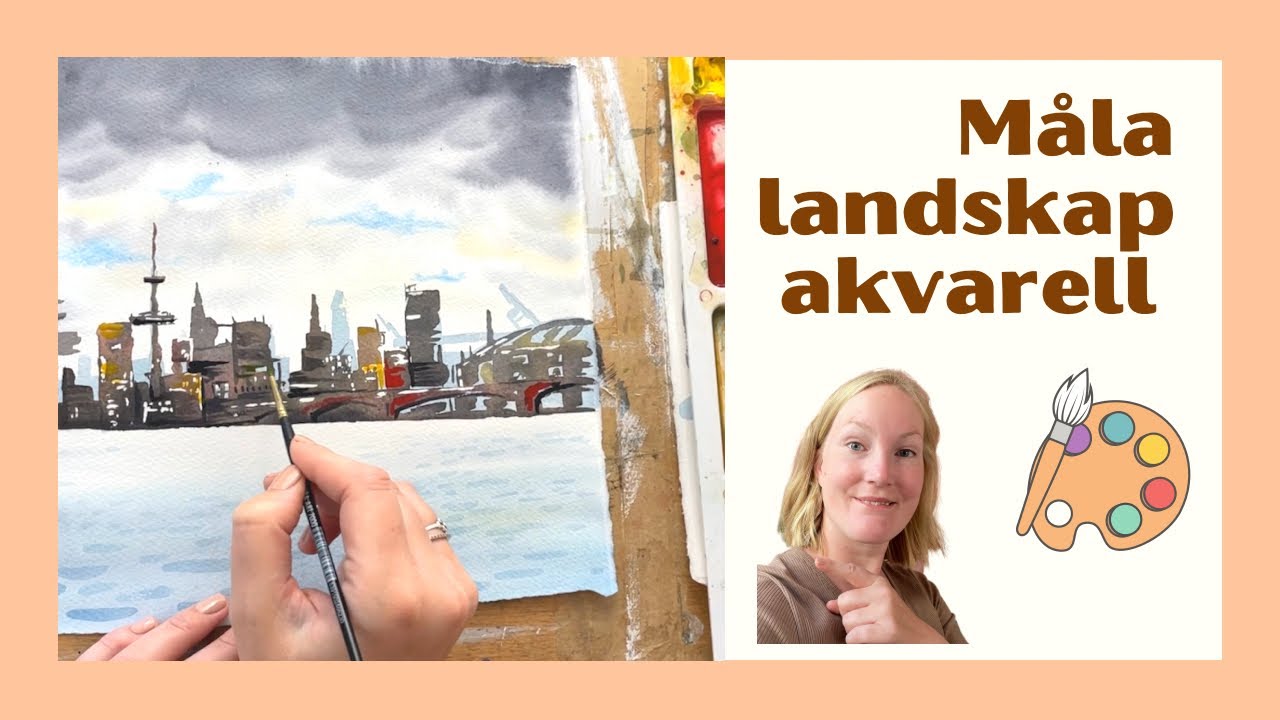 Måla landskap med stad och hav - akvarellmålning - YouTube