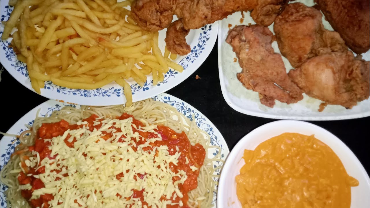 SPAGHETTI, FRIED CHICKEN, FRENCH FRIES WITH SPICY CHEESE SAUCE ...