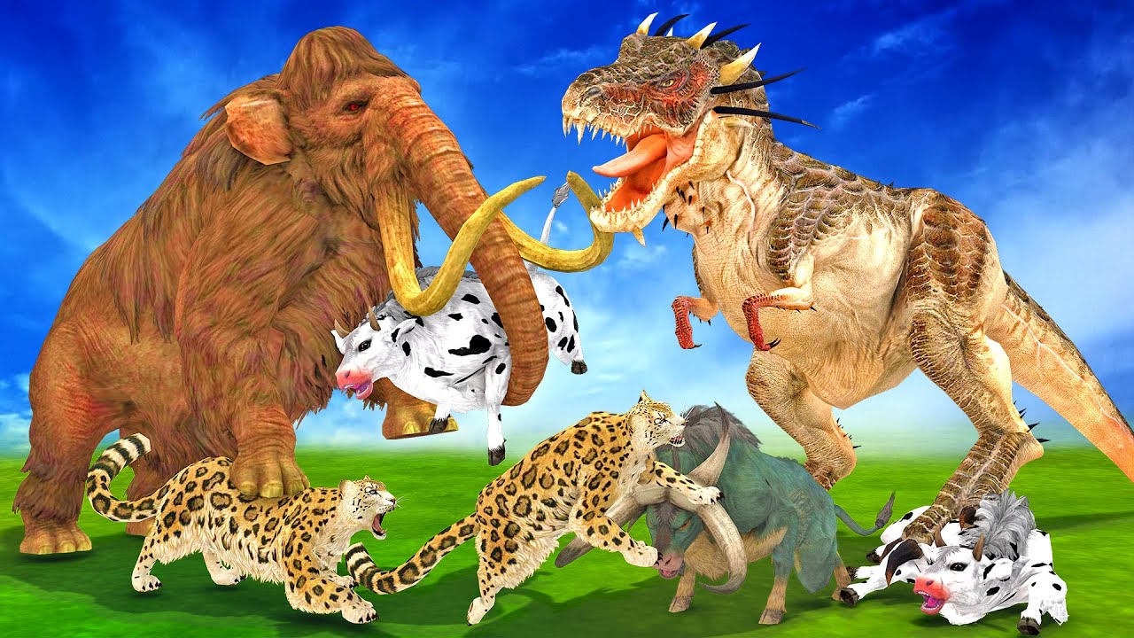 Woolly Mammoth Vs Monster T-Rex Dinosaur Fight | Bull Saves Cartoon ...