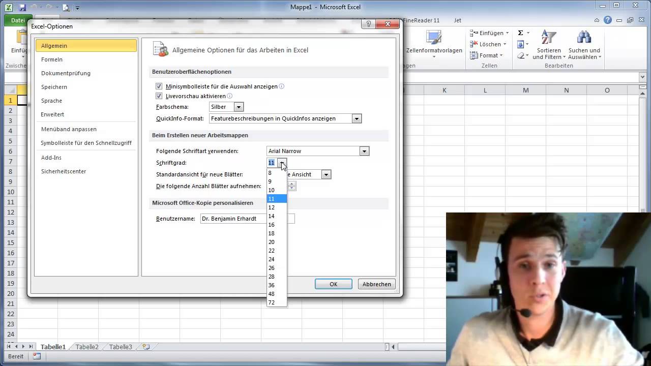 Grundeinstellung beim Start von Excel®: Anzahl Reiter und Schrift - YouTube