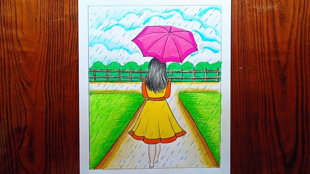 How to draw a girl with umbrella | Rainy season drawing | A rainy day ...