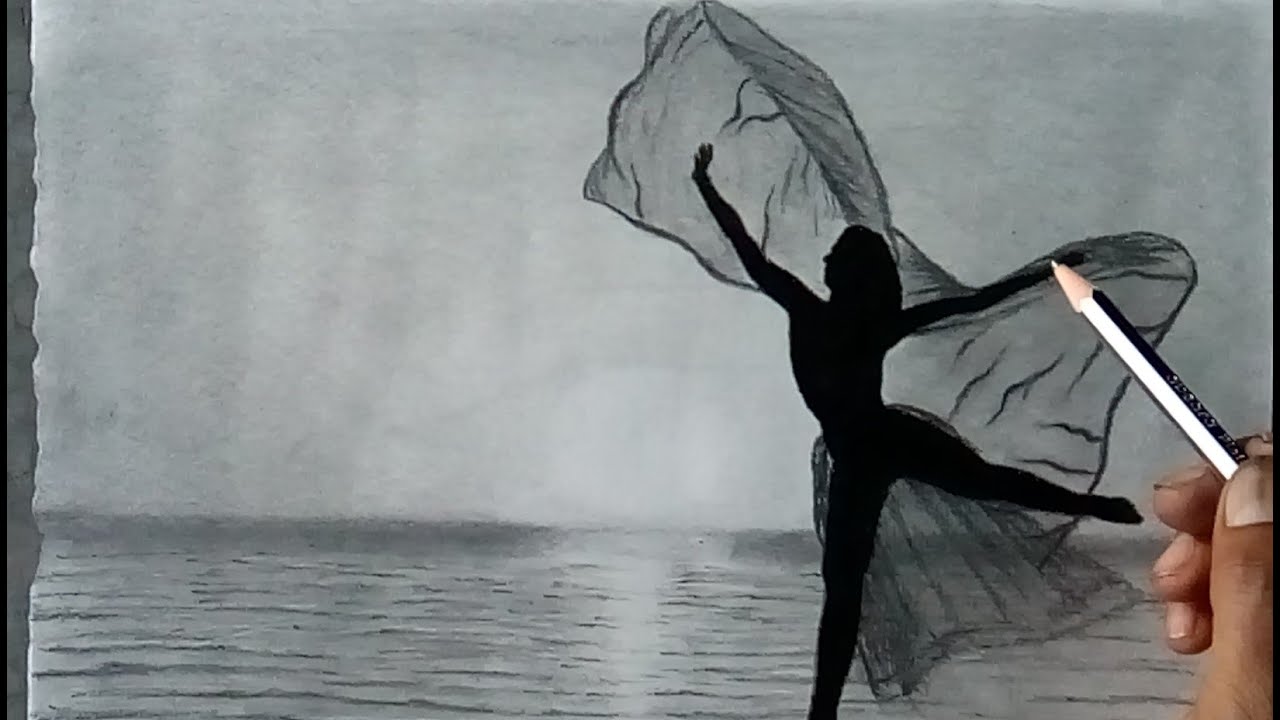 Sunset girl drawing, how to draw a portrait of girl dancing on beach ...