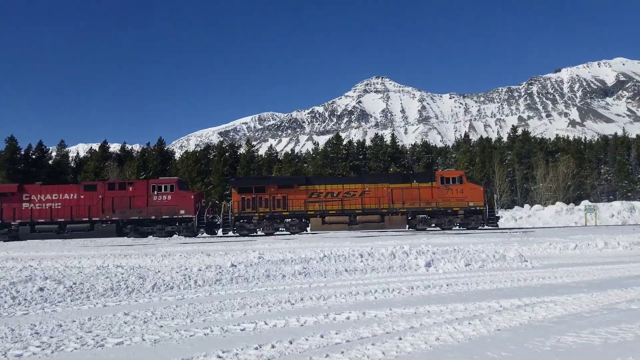 BNSF #7114 eases over the summit of Marias Pass with empty unit covered hoppers, CP motors in ...