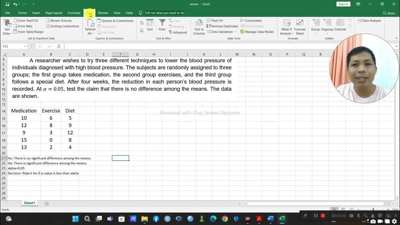 One-way ANOVA using MS Excel (Tagalog) - YouTube