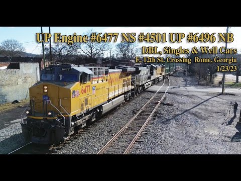 UP #6477 NS #4501 UP#6496 NB Stacks, Singles & Well Cars E. 12th St Crossing Rome, Georgia 1/23 ...