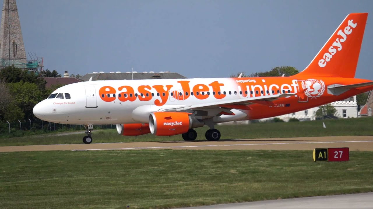 United Nations-Unicef livery EasyJet Airbus 319 taking off from Jersey ...