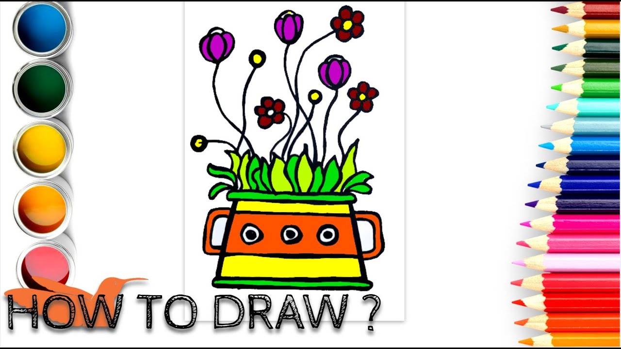 How to DRAW a POT OF FLOWERS EASILY | Drawing lesson step by step for ...