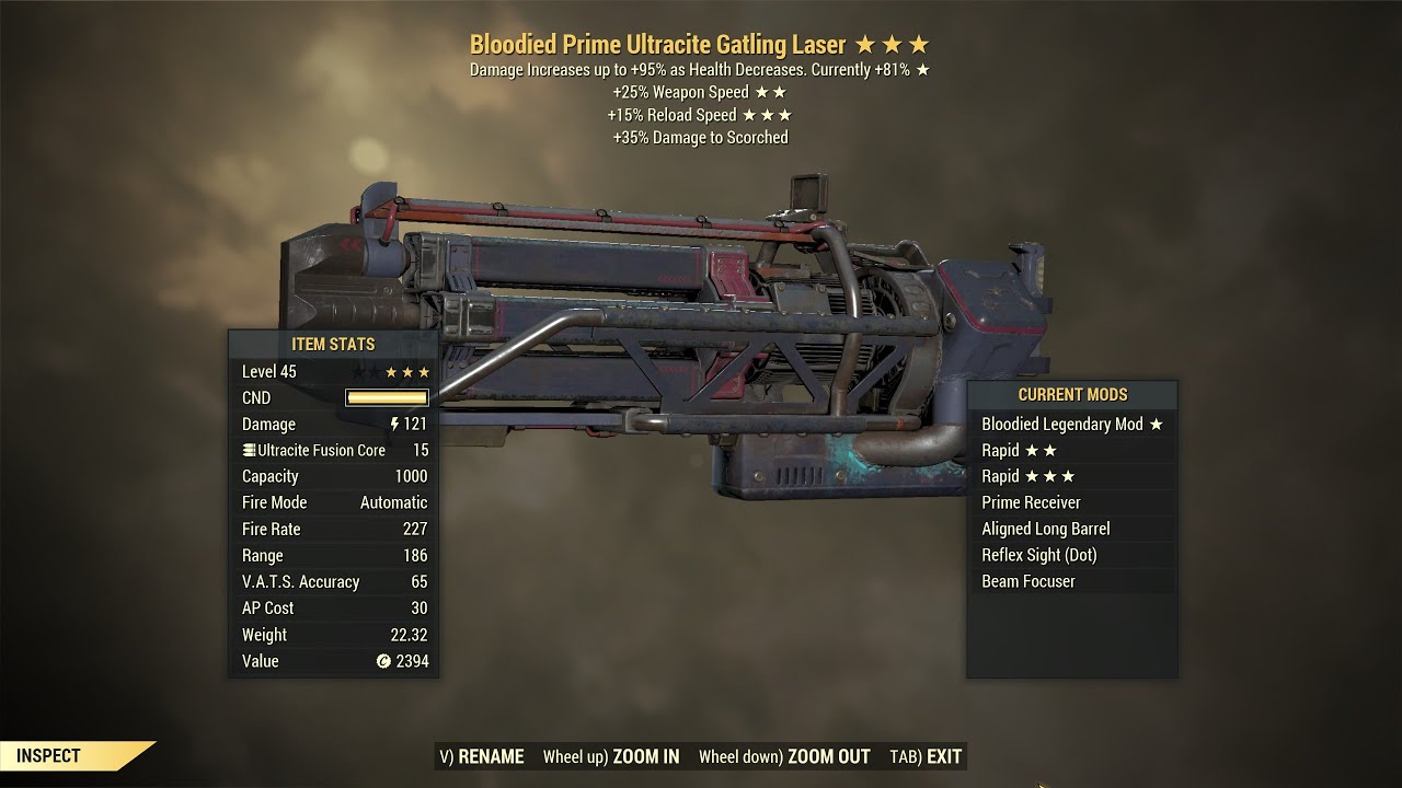 Fallout 76: Bloodied Weapon Speed Ultracite Gatling Laser. - YouTube