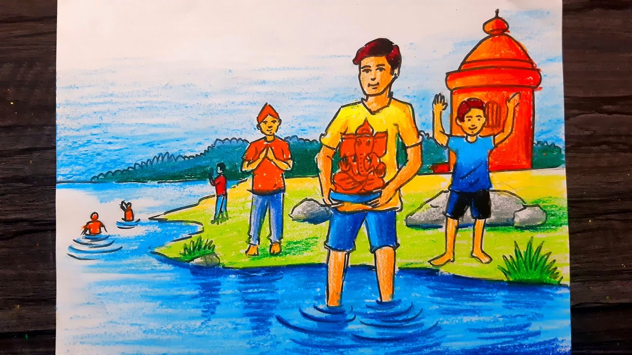 ganpati visarjan painting | Ganesh visarjan drawing | memory drawing ...