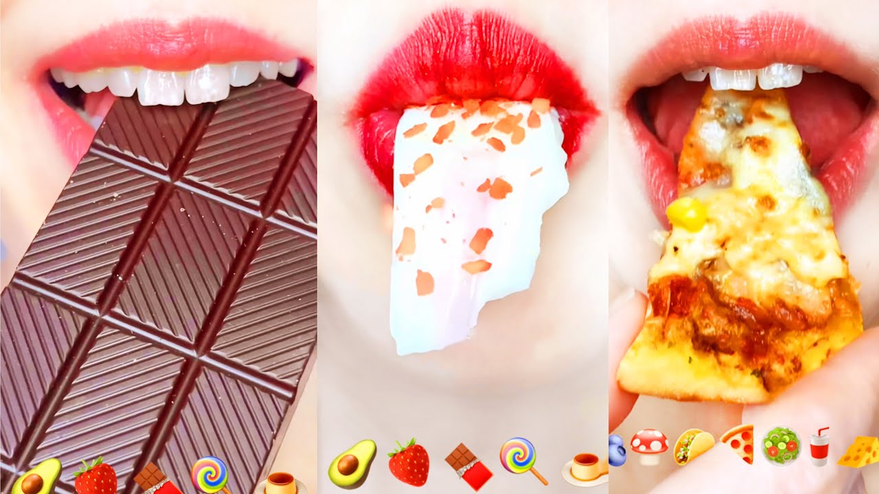 asmr EMOJI FOOD CHALLENGE 🥑🍓🍫🍭🍮|🫐🍄🌮🍕🥗🥤🧀 satisfying eating sounds ...