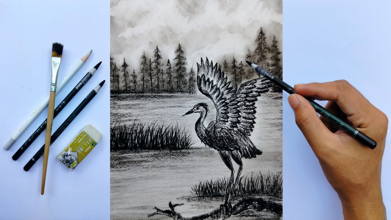 How to draw a beautiful landscape lake and cranes with pencil in an ...