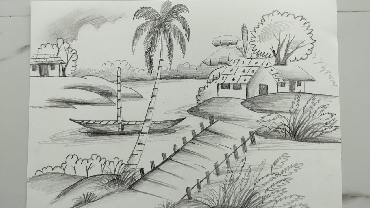 How to draw easy scenery with pencil/Easy scenery drawing/Pencil sketch ...