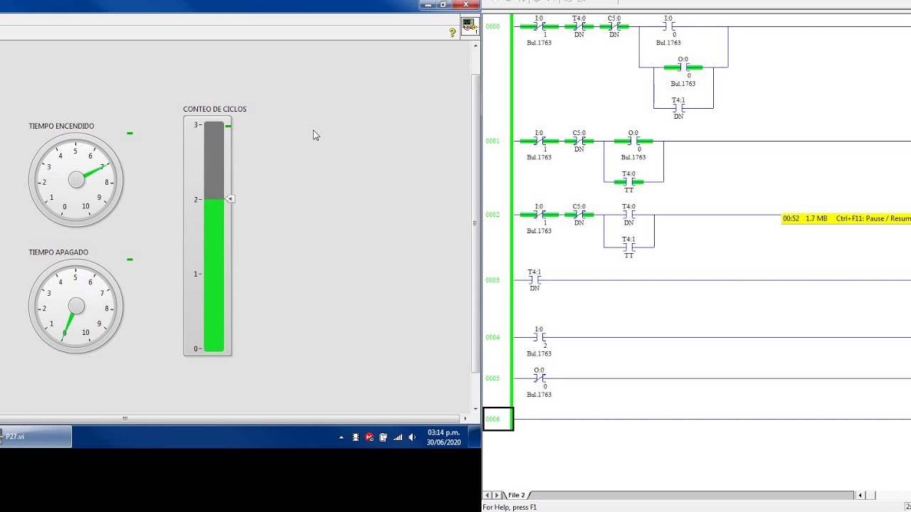 CICLO CONTINUO ENCENDIDO Y APAGADO DE UN MOTOR. LABVIEW HMI, RS LOGIX 500 PROGRAMACION DE PLC ...