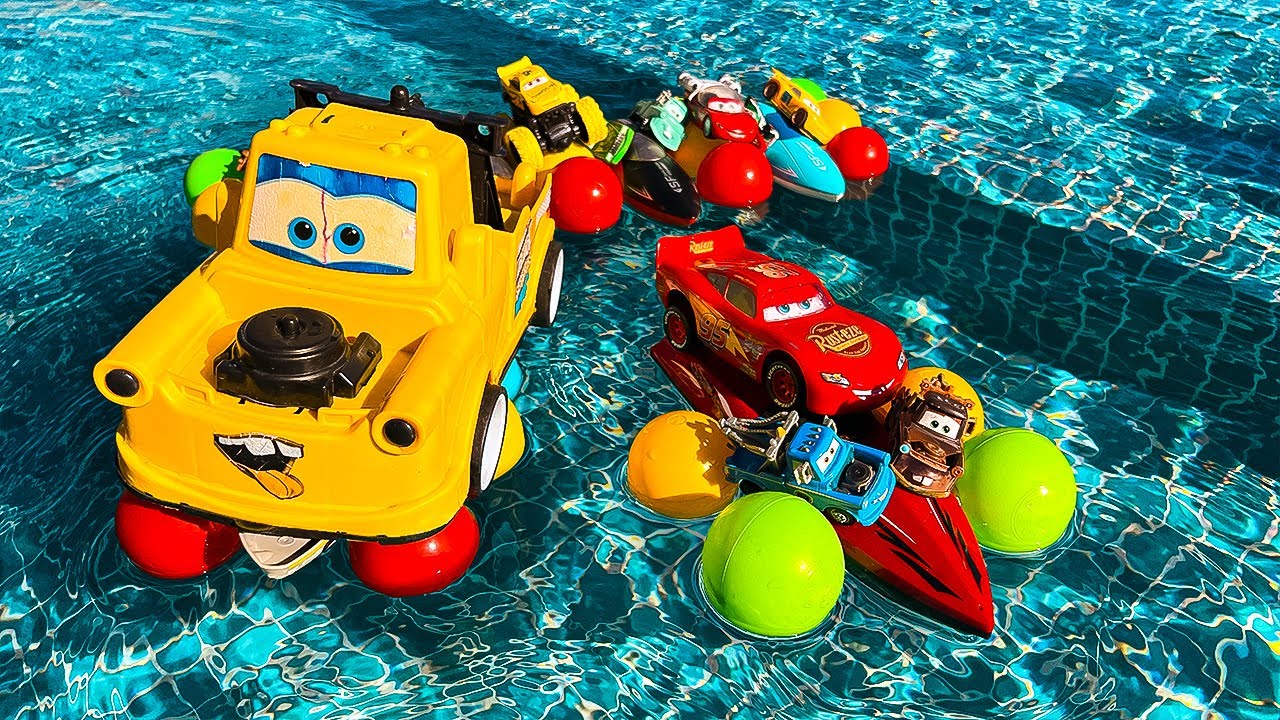 Disney Pixar Cars falling into deep pool, Lightning McQueen, Tow Mater ...