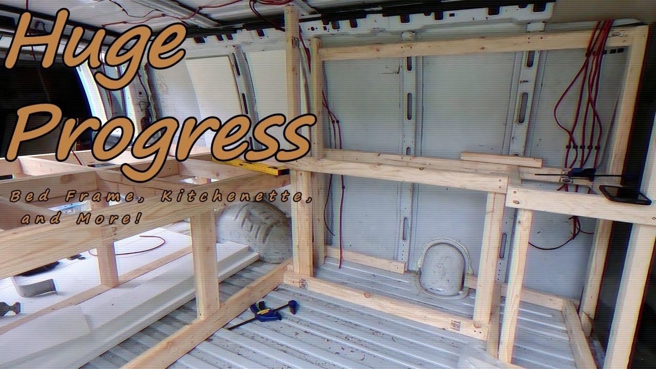 DIY Conversion Van Build part 3: Bedframe, kitchenette, and more! - YouTube