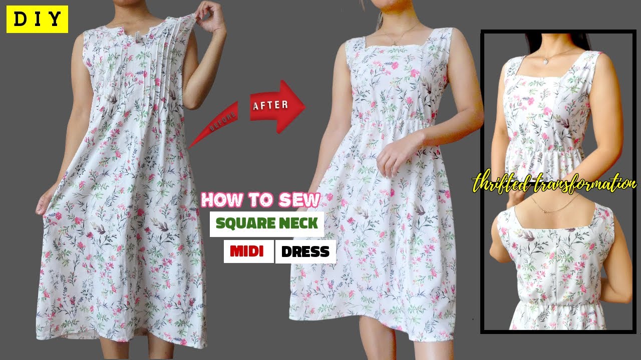 DIY Square neck Midi dress | How to Sew a square Neckline dress ...