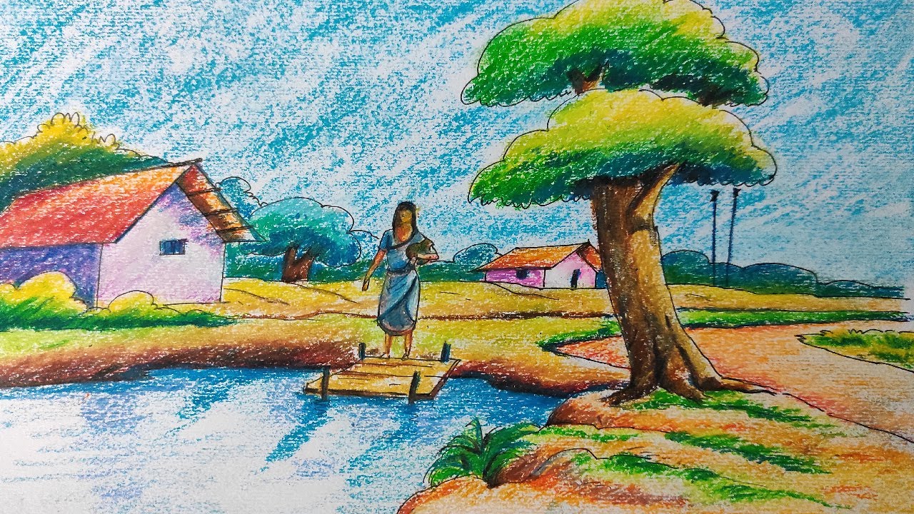 How to draw village life scenery//Oil pastel painting //Easy drawing ...