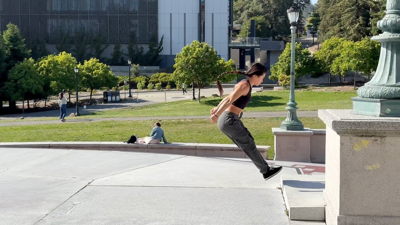 Broad jump → stick/precision landing (flat ground → ankle-high wall ...