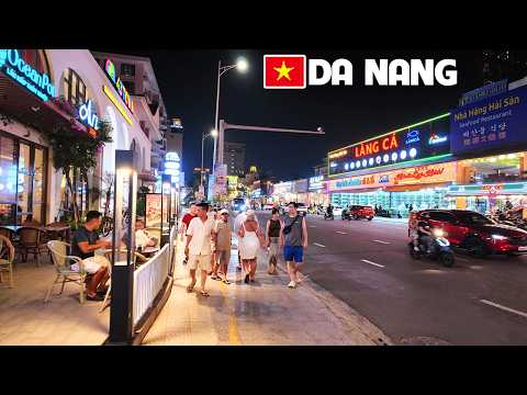 Da Nang VIetnam Nightlife Streets Walking Tour at Son Tra Tourist Area - 4K Real Life Walk