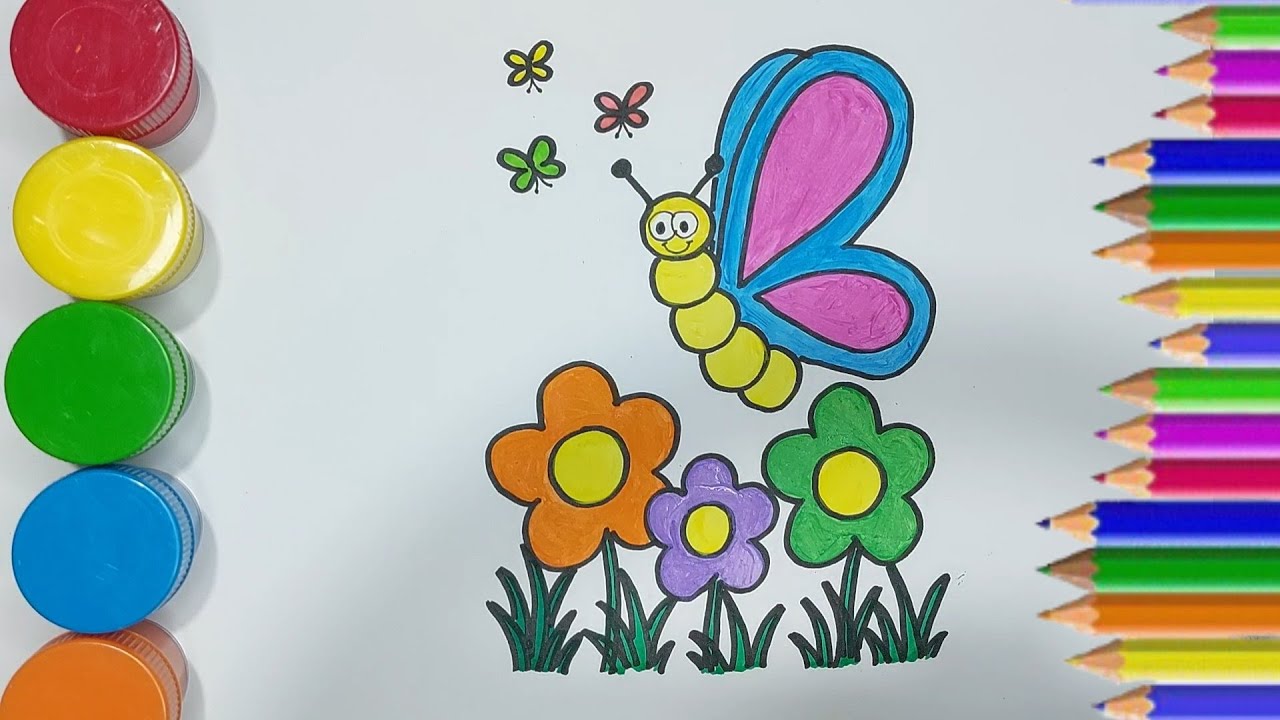 Easy Draw and Color Butterfly and Flowers| Cara Mudah Menggambar dan ...