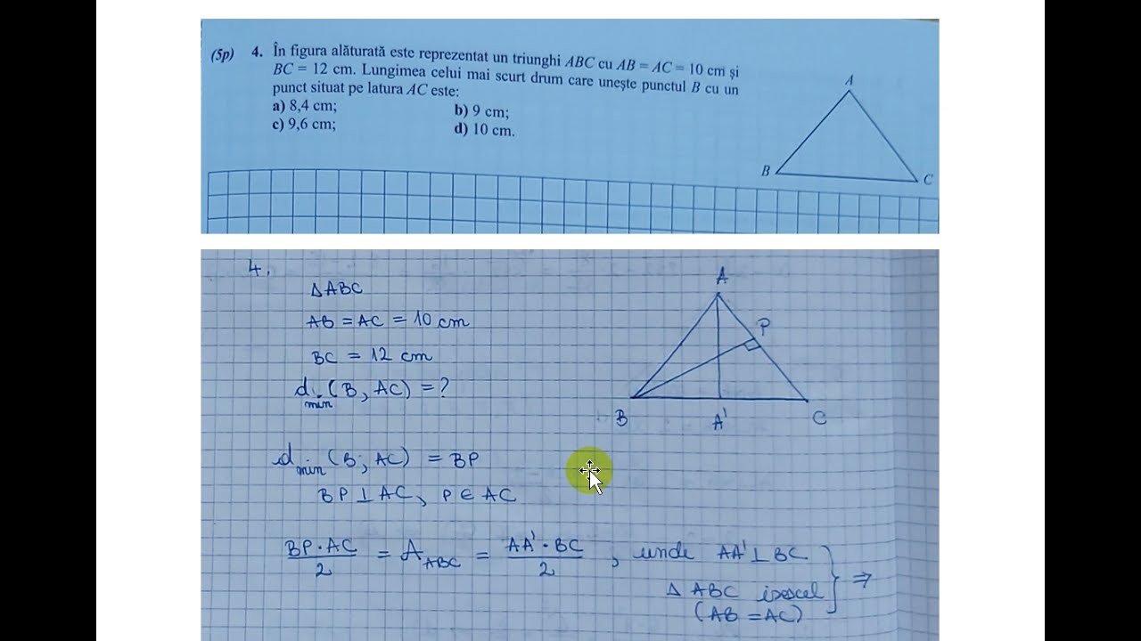 In figura alaturata este reprezentat un triunghi ABC cu AB=AC=10 cm si ...
