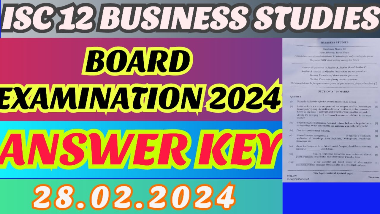 ISC 12 BUSINESS STUDIES 2024 ANSWER KEY || BOARD EXAM 28.02.2024 - YouTube