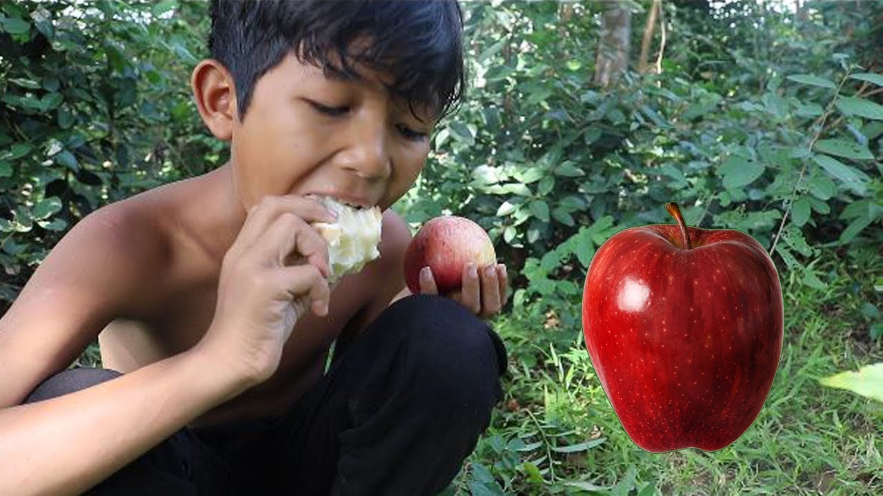 Primitive Eating - Smart Boy Eating Apple in Forest / Eating Delicious ...