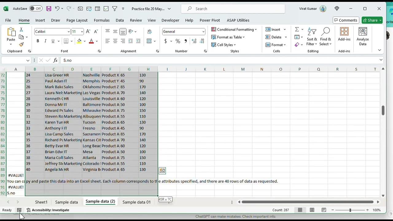 Part 205 Create And Clean Sample Data In Excel With Chatgpt Trim And Textsplit Functions 6029