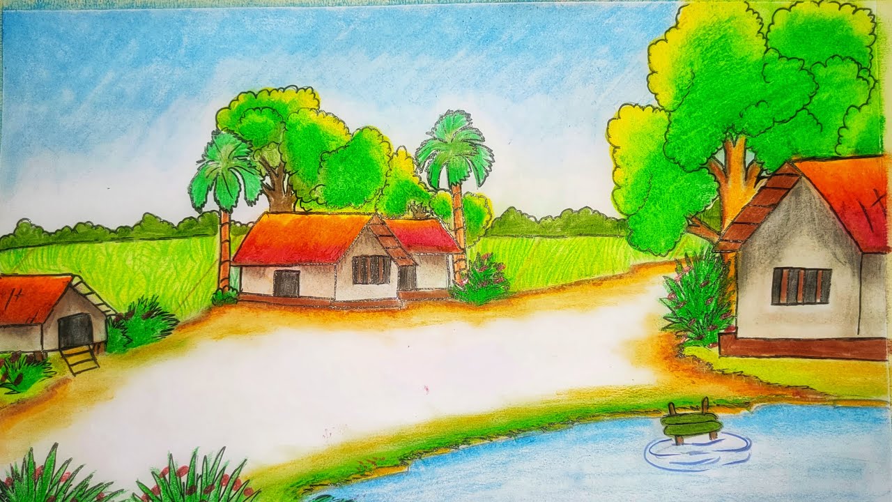 How to Draw Scenery of Rural Life | Beautiful Nature Drawing | Drawing ...