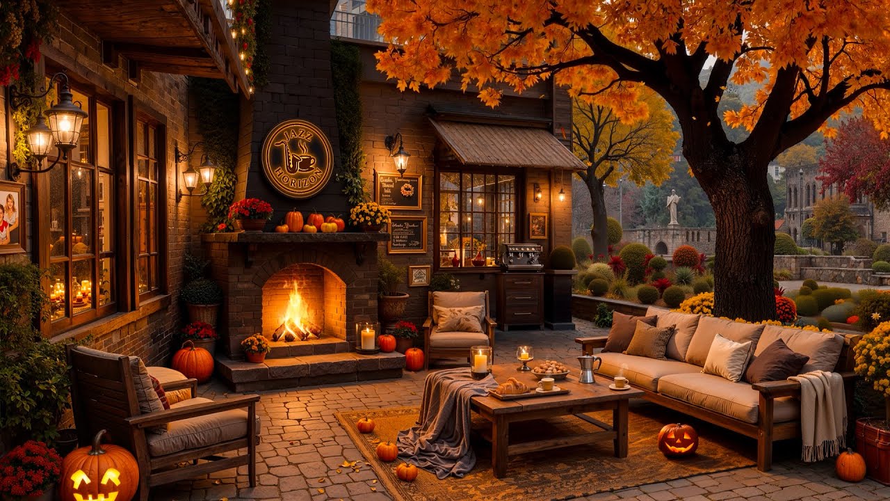 Stress Relief with Warm Jazz Music 🍂 Cozy Fall Coffee Shop Ambience ...
