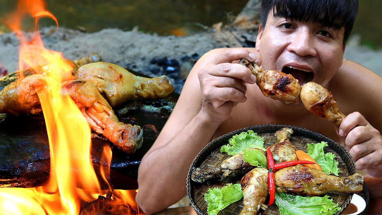 Outdoor Stone Cooking Chicken on Hot Stone Eating So Delicious in ...