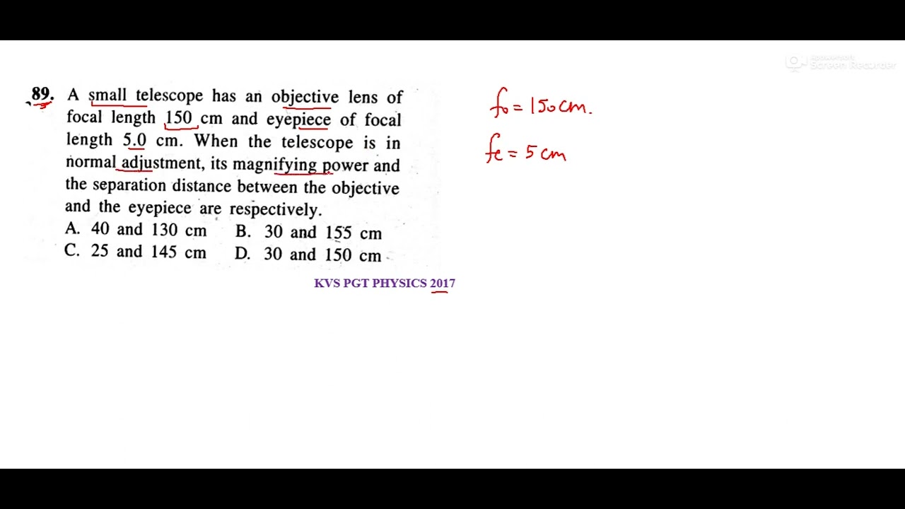 A small telescope has an objective lens of focal length 150 cm and ...