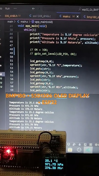 BMP180 sensor readings display on OLED display using ESP32. #coding # ...