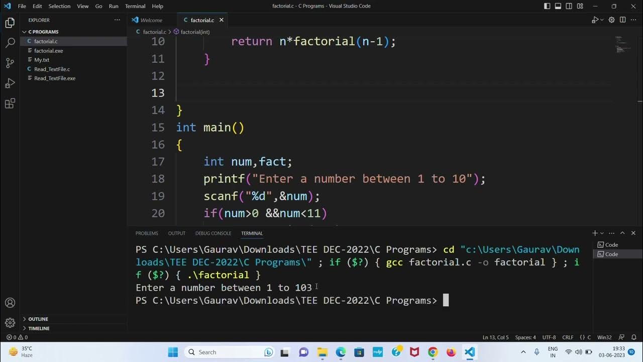 mcs11 1b Write a recursive program/function in C to find factorial of a given number between 1 ...