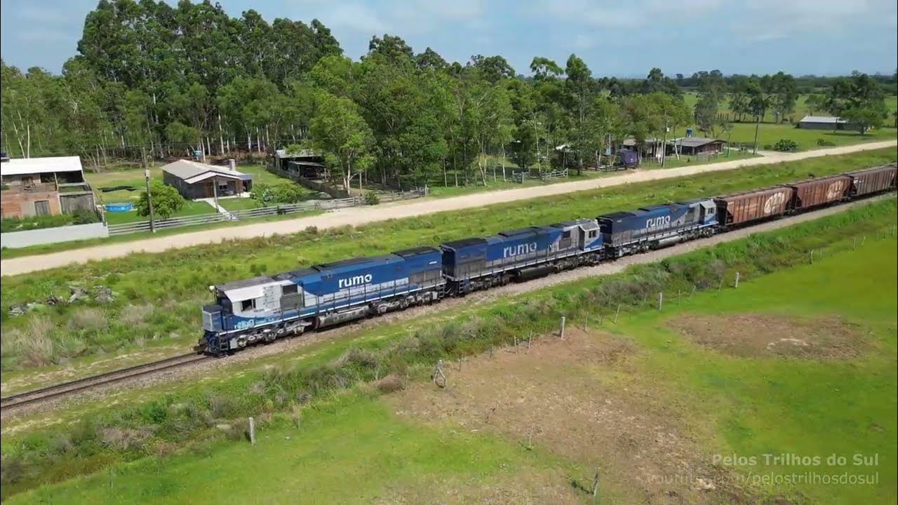 [DRONE/4K] Quadra de GT22 da RUMO 4636 + 4616 +4653 e 4605 com trem de grãos no Povo Novo-RS ...