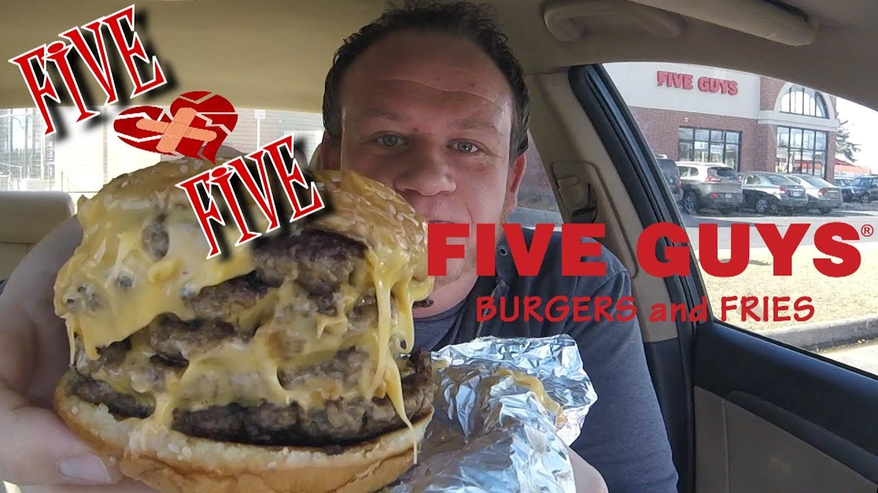 FIVE GUYS ⭐5X5 HEART ATTACK CHEESEBURGER⭐ Food Review!!! - YouTube